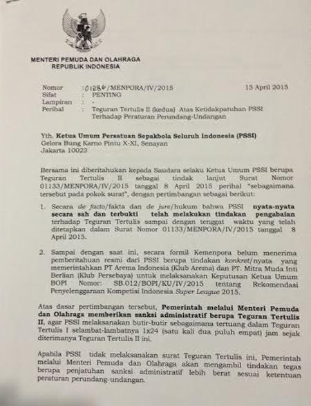 Kemenpora Beri PSSI Surat Peringatan Kedua - Bola.net