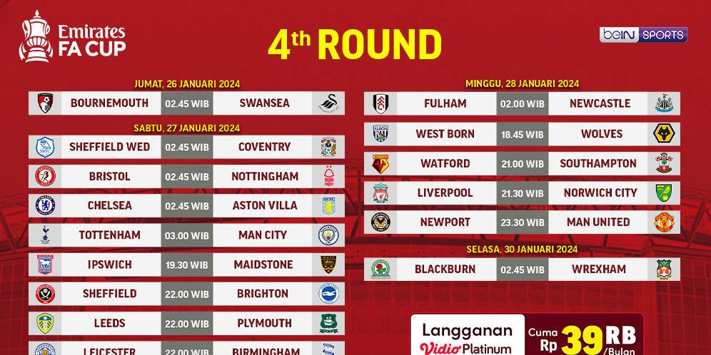 Jadwal Siaran Langsung Piala FA 2023/2024 Putaran Empat di Vidio, 26-30 Januari 2024 - Bola.net