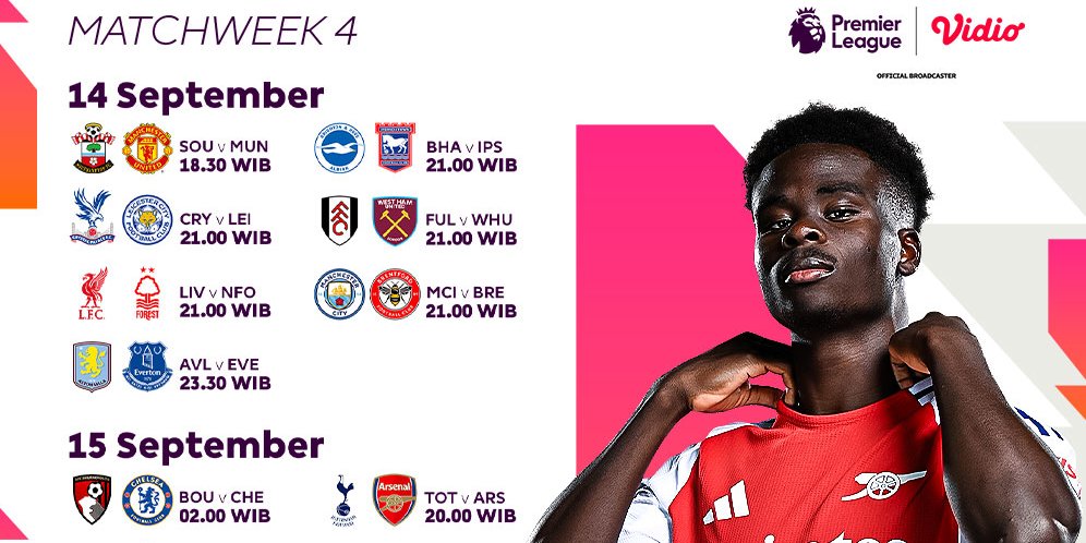 Link Live Streaming Liga Inggris 2024/25 Matchweek 4 di Vidio Pekan Ini - Bola.net