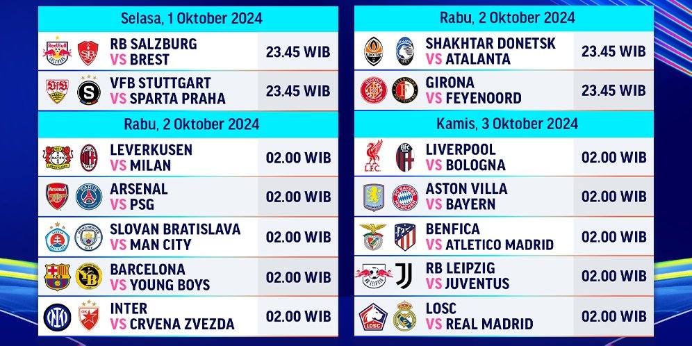 Jadwal Live Streaming Liga Champion 2024/25 Matchweek 2 di Vidio Pekan Ini - Bola.net