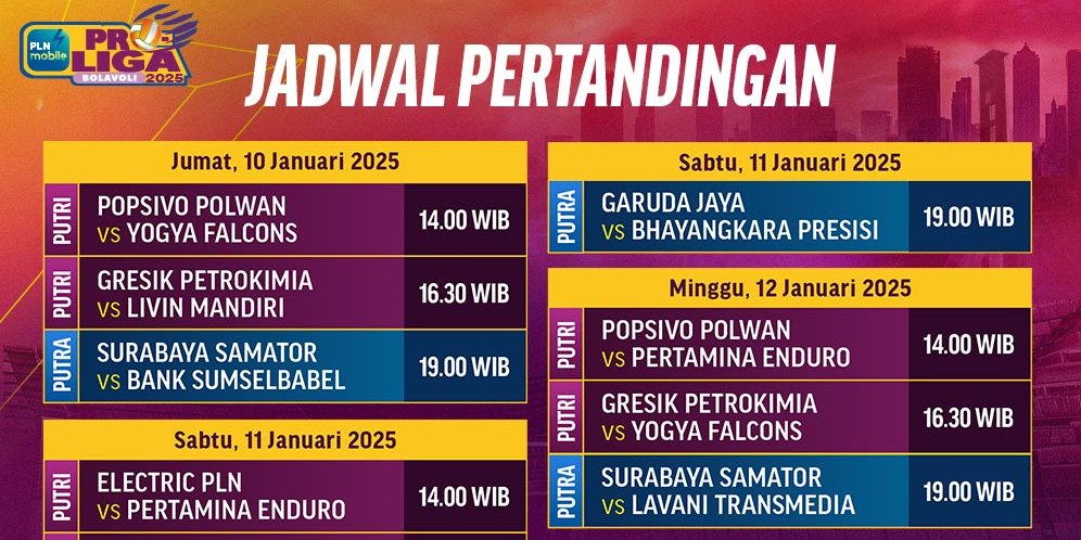 Jadwal Siaran Langsung PLN Mobile Proliga 2025 di Vidio, 10-12 Januari 2024 - Bola.net