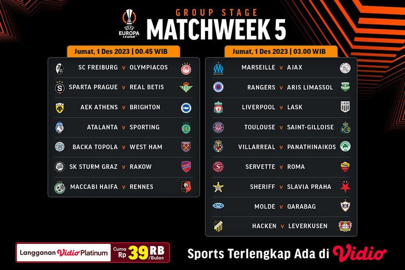 Jadwal Live Streaming Liga Europa 2023/2024 Matchweek 5 di Vidio, 1 Desember 2023 - Bola.net