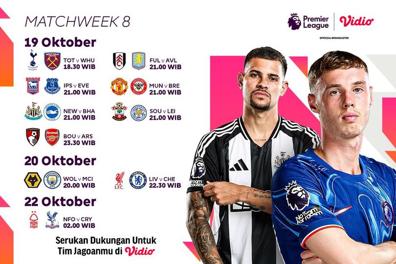 Jadwal Live Streaming Matchweek 8 Pertandingan Liga Inggris 2024/25 Pekan Ini di Vidio - Bola.net