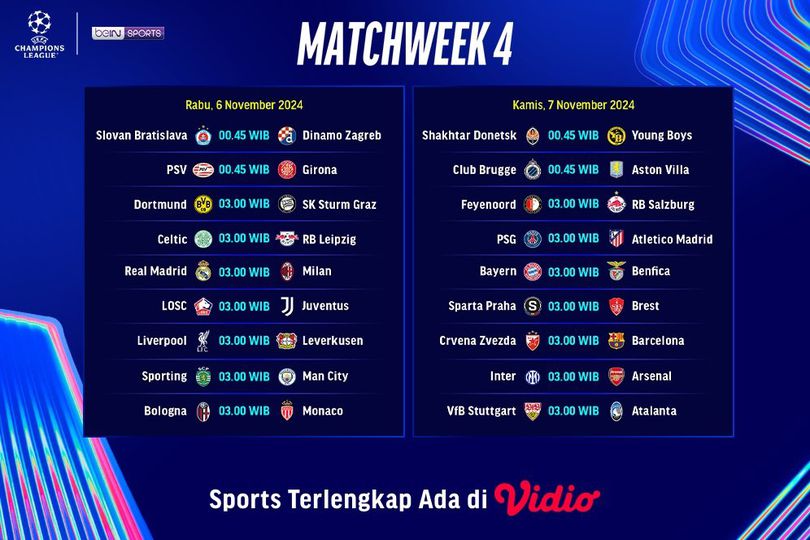 Jadwal dan Link Siaran Langsung Liga Champion 2024/25 Matchweek 4 di Vidio Pekan Ini - Bola.net