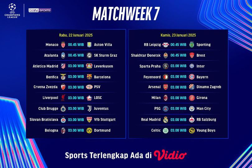 Jadwal dan Link Siaran Langsung Liga Champions 2024/25 Matchweek ke 7 di Vidio - Bola.net