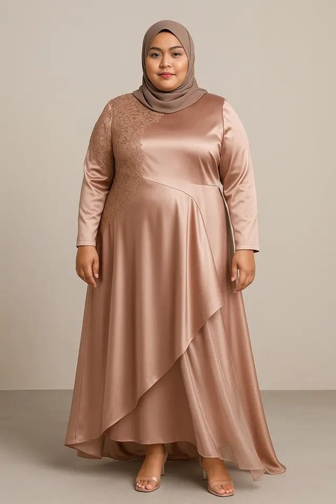 7 Inspirasi Model Gamis Satin Kombinasi Brokat untuk Orang Gemuk, Bikin ...