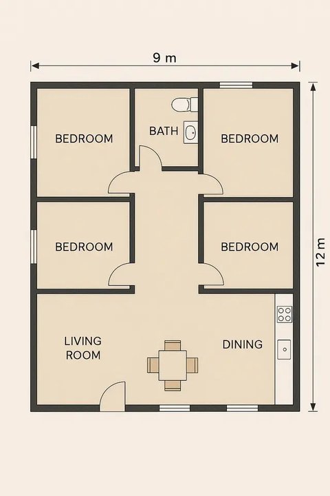 Denah Rumah Minimalis Sederhana Berukuran 9x12 Meter dengan 4 Kamar ...