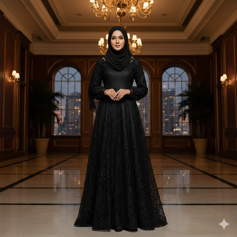 8 Pilihan Gamis Hitam Syar'i dengan Detail Lace 2025, Elegan untuk ...