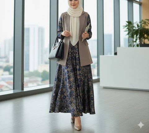 6 Model Gamis Batik Kombinasi Blazer Kantor, Tampil Profesional dan ...