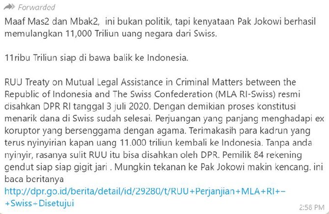 CEK FAKTA: Tidak Benar Presiden Jokowi Pulangkan Rp11.000 T dari Swiss | merdeka.com