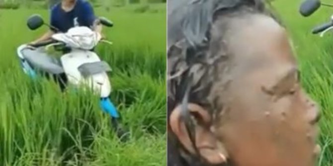 Wajah Bocah Ini Penuh Lumpur & Ditertawai, Nyungsep ke Sawah Saat Kendarai Motor | merdeka.com