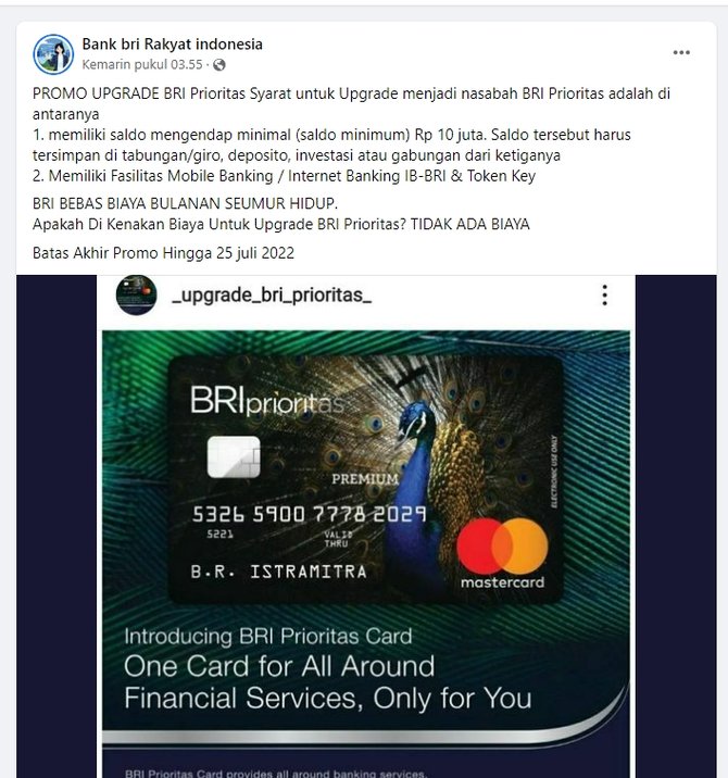 CEK FAKTA: Waspada Akun Facebook Palsu Tawarkan Jadi Nasabah Prioritas BRI | merdeka.com