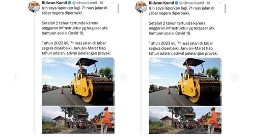 Viral Ridwan Kamil Pakai Foto Ilustrasi Perbaikan Jalan, Postingan Akhirnya Dihapus