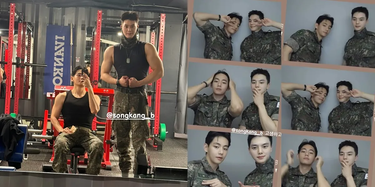 6 Potret V BTS Pamer Foto Bareng Song Kang saat Ngegym - Pakai Seragam Wamil, Awas Pesonanya ...