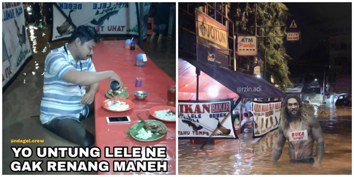 Viral Pria Makan Pecel Lele Pas Banjir, Netizen Iseng Bikin Meme ...