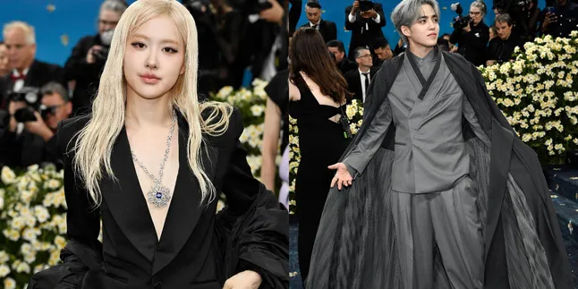 Portrait of S.Coups SEVENTEEN, Jennie, Rose, and Lisa BLACKPINK on the Blue Carpet Met Gala 2025